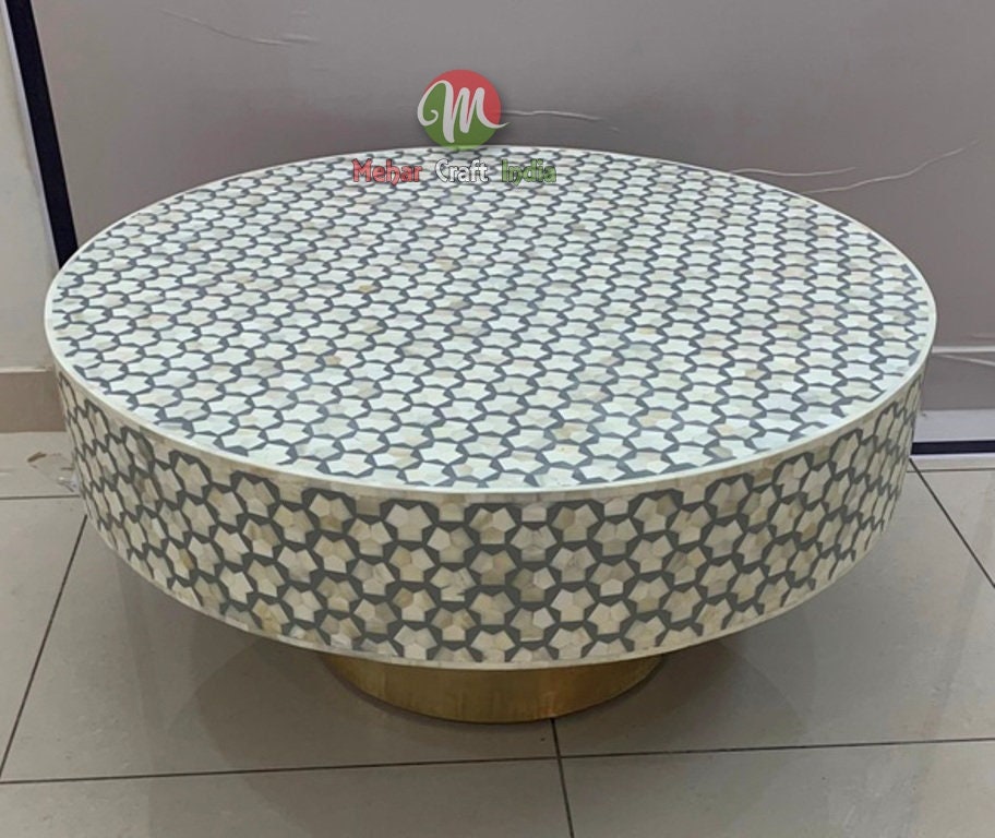 Handmade Bone Inlay Coffee Table: Geometric Round Sofa Table - Etsy