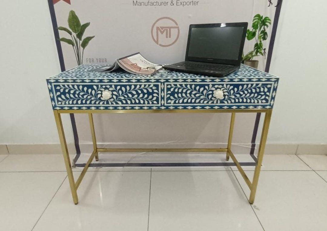 Bone Inlay 2 Drawer Console Table Blue Floral Hall Table Chats of ...