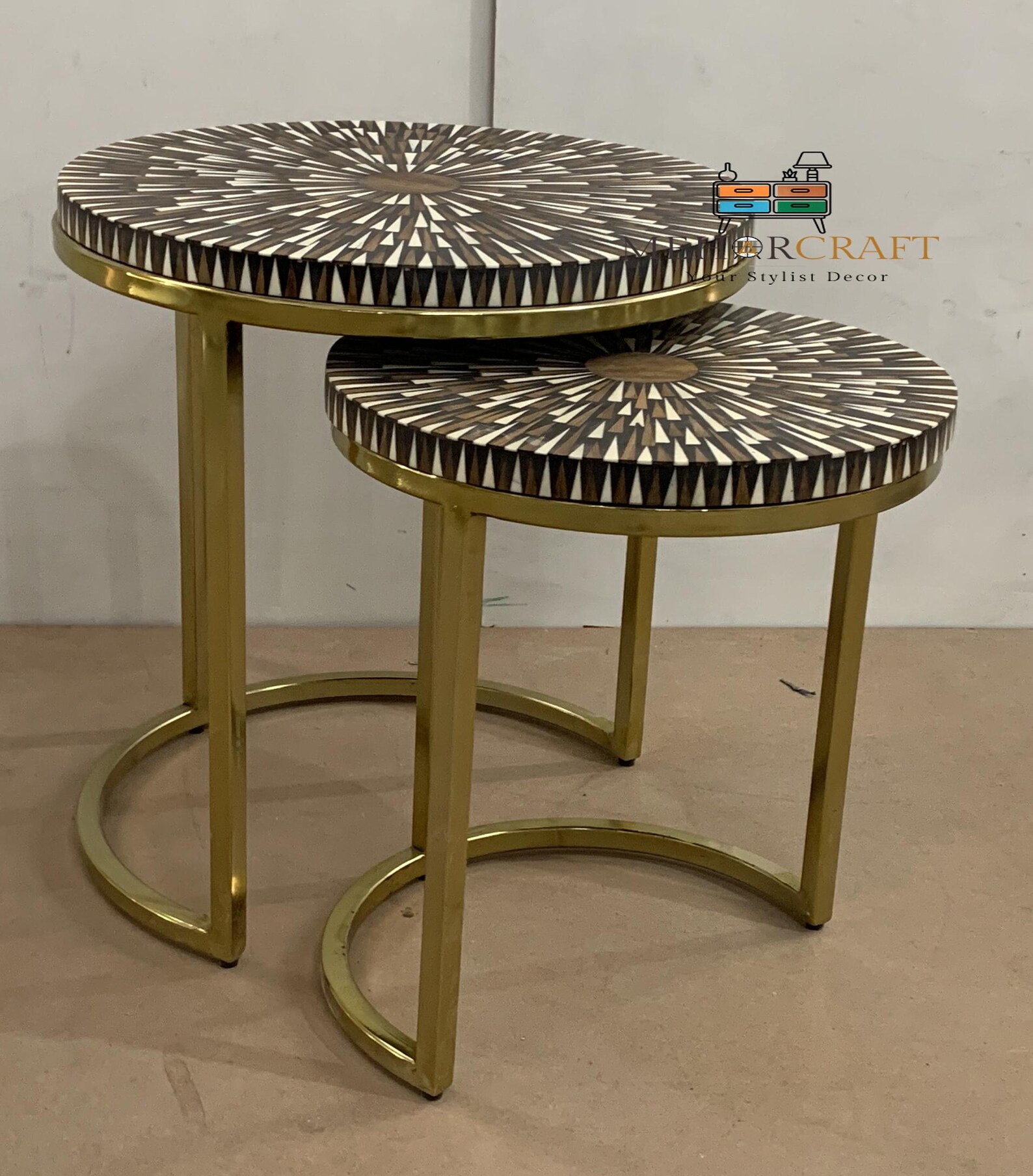 Handmade Bone Inlay Nesting Tables: Modern Sun Ray Side Stools, Set of ...