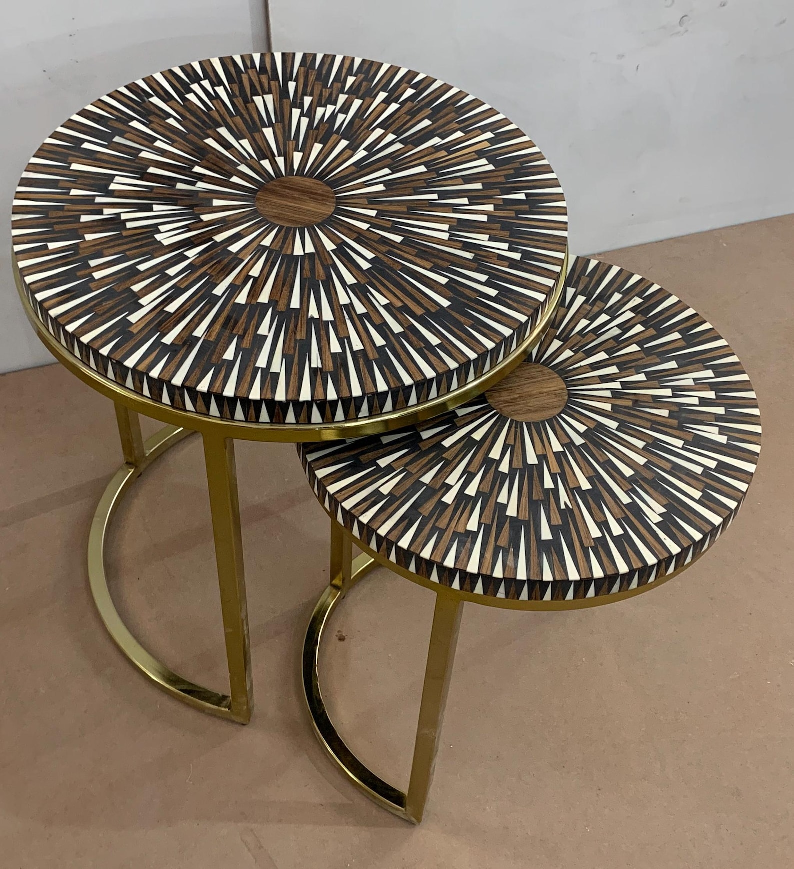 Handmade Bone Inlay Nesting Tables: Modern Sun Ray Side Stools, Set of ...