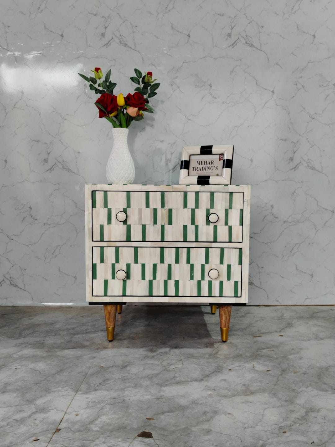 Handmade Bone Inlay 2 Drawer Nightstand Bed Sides Table Sofa Table ...