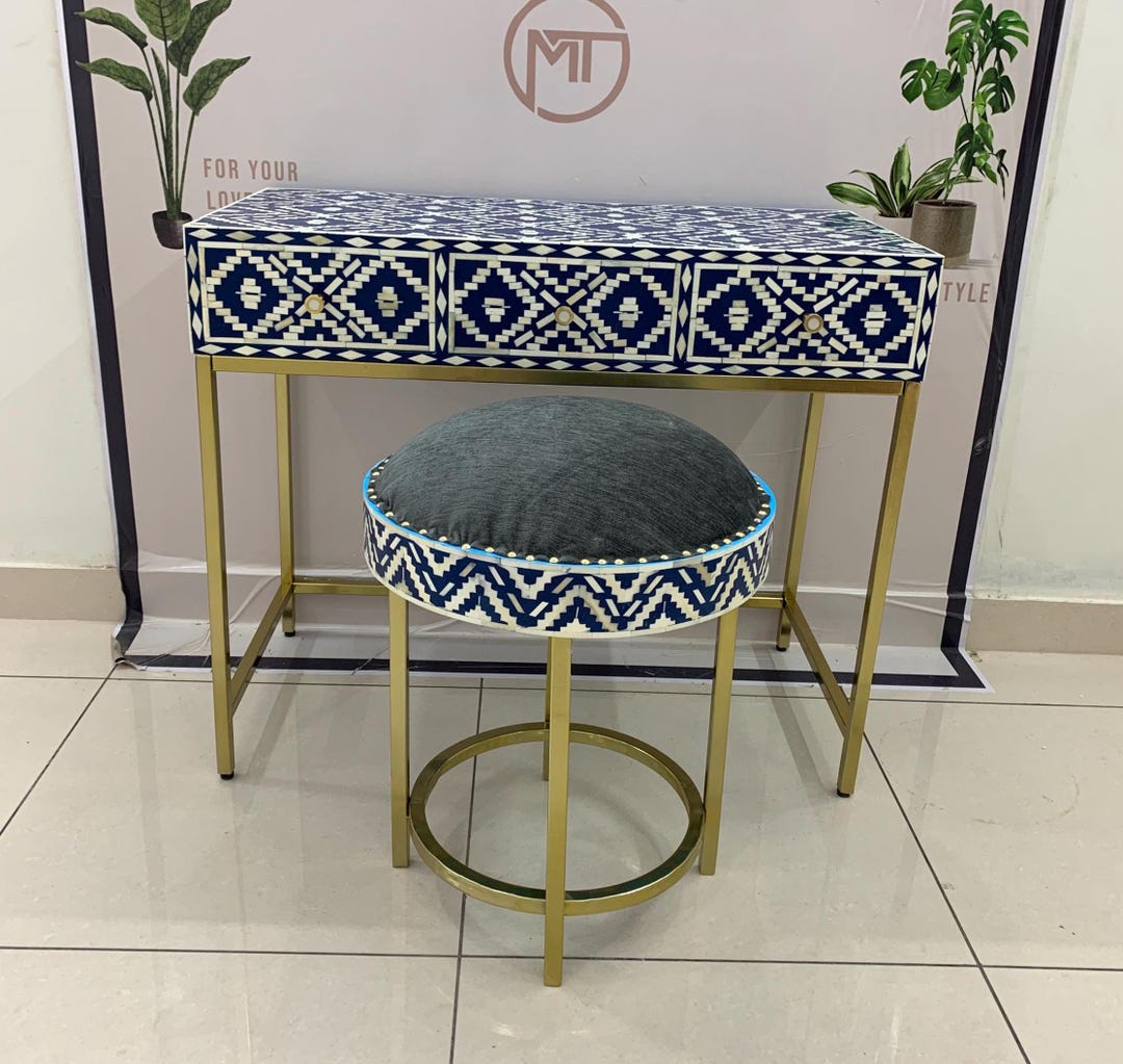 Handmade Bone Inlay Console & Stool Combo Cabinet Table Modern Pattern ...