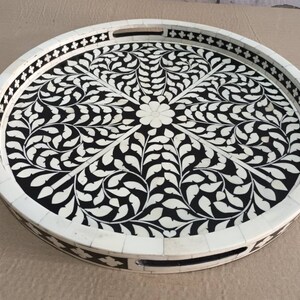 Handmade Wooden Bone Inlay Tray Bone Inlay Floral Round Tray ...