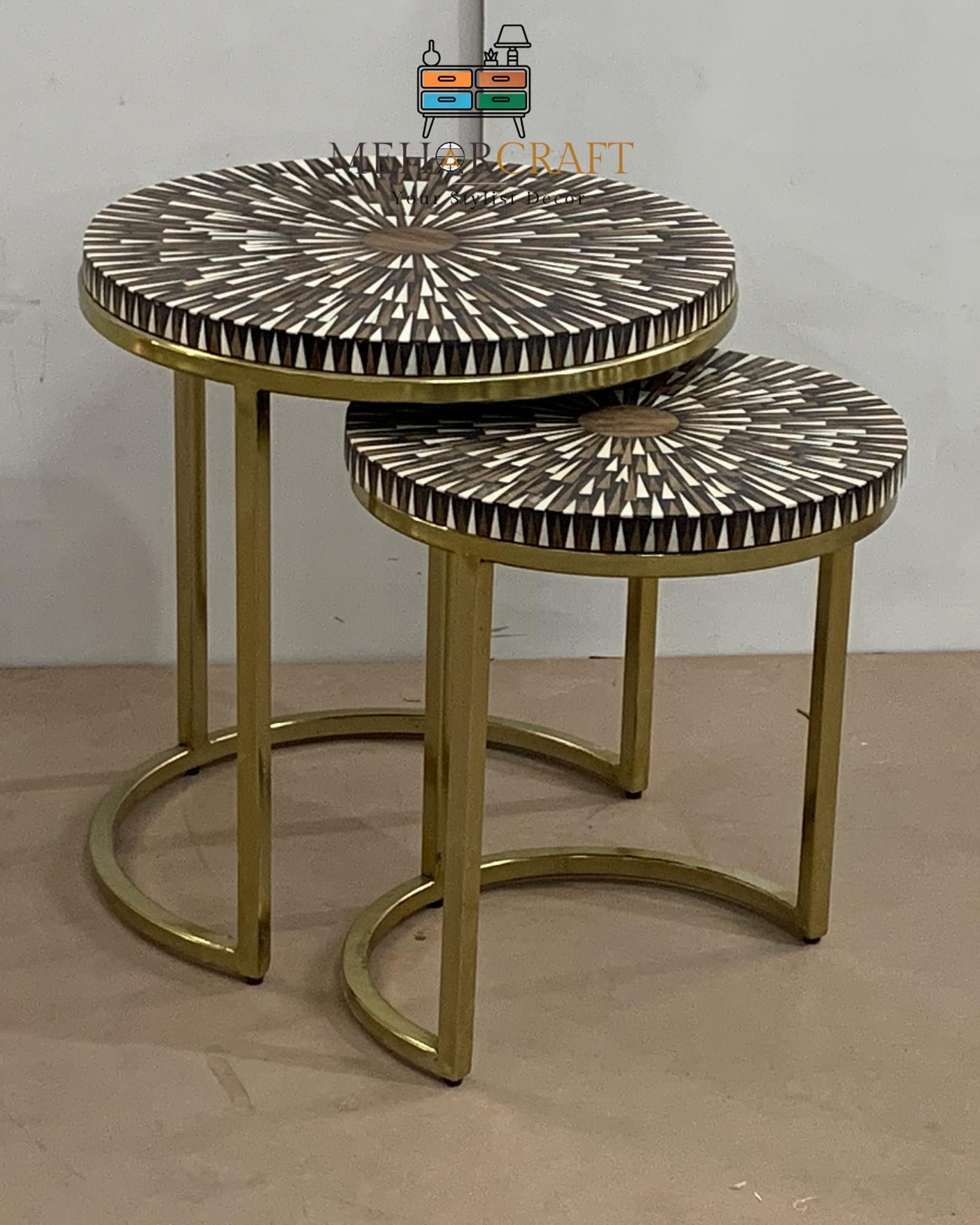 Handmade Bone Inlay Nesting Tables: Modern Sun Ray Side Stools, Set of ...