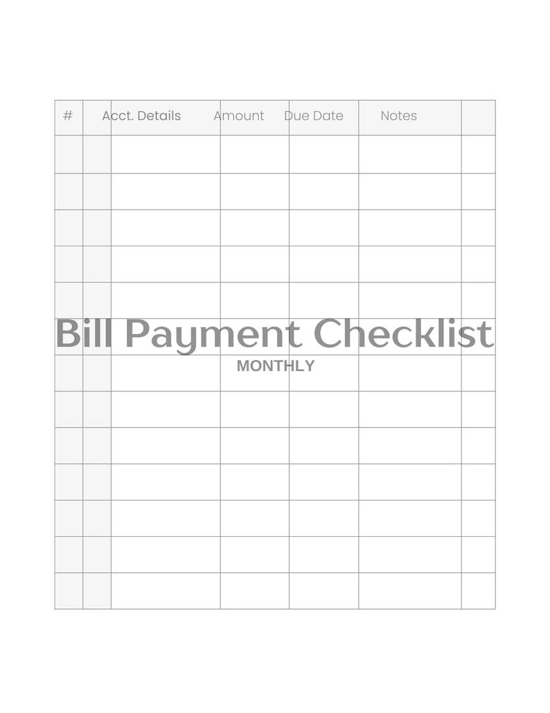 Bill Payment Checklist | Bill Monthly Tracker - Etsy