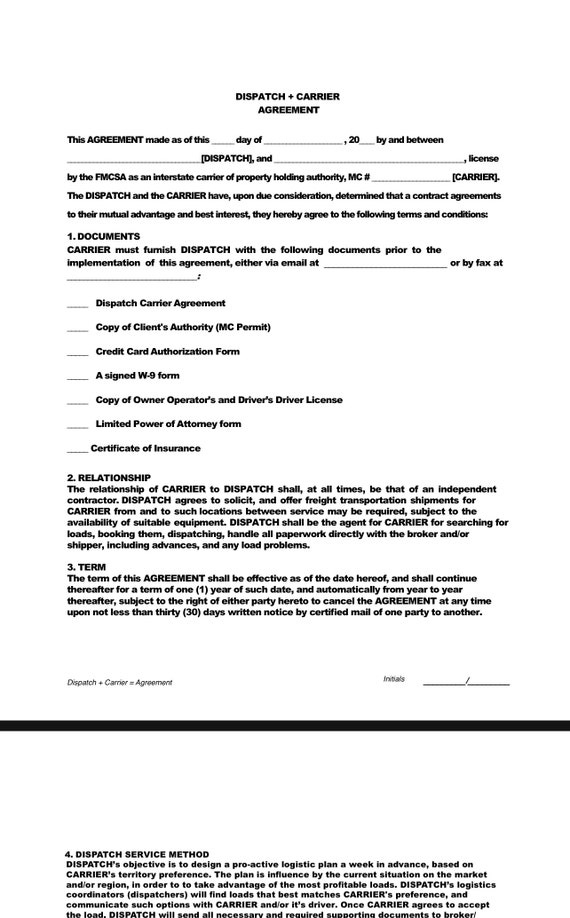 Dispatcher Carrier Agreement 8 Pages Etsy