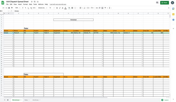 Dispatch Carrier Spread Sheet - Etsy