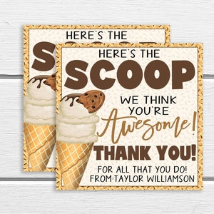 Ice Cream Gift Tags, Here's the Scoop You're Awesome, School PTA PTO ...