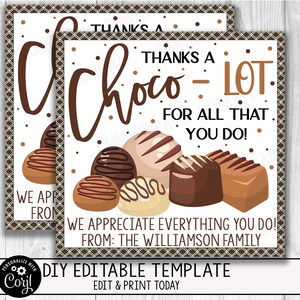 EDITABLE Chocolate Appreciation Gift Tag, Favor Tag, Employee Teacher ...