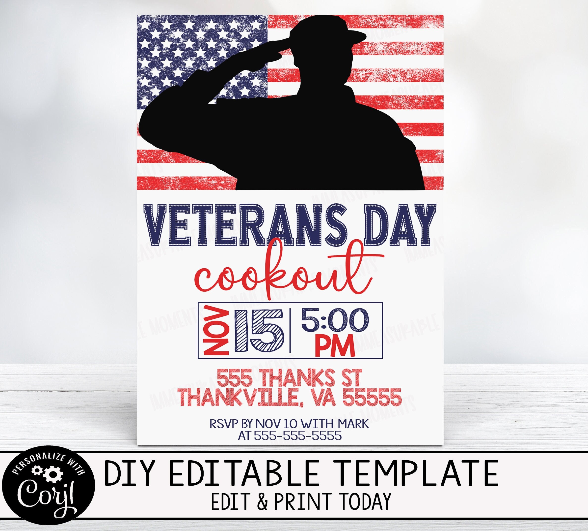 EDITABLE Veterans Day Invitation, Vet Cookout Celebration Dinner Party ...