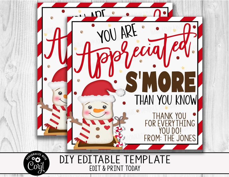 Christmas S'more Appreciation Gift Tag, Editable Employee Teacher Nurse ...