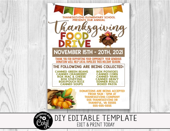 EDITABLE Fall Thanksgiving Food Drive Fundraiser Flyer, Church Food ...