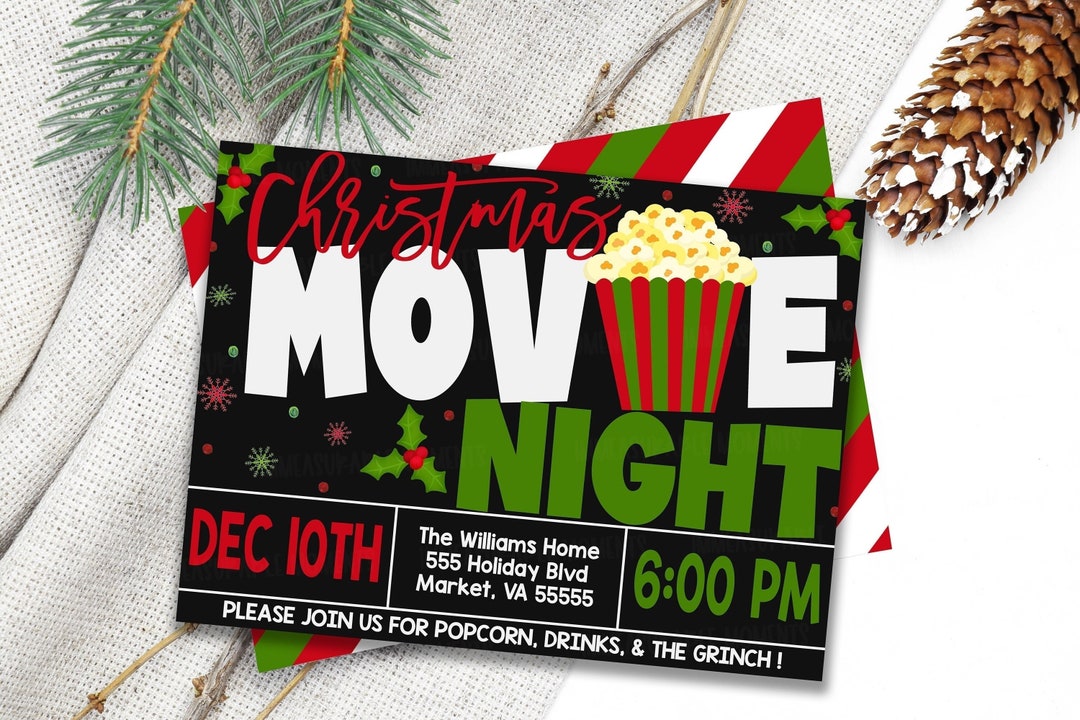 Christmas Movie Night Invitation Flyer, Movie Party Card, Movie ...