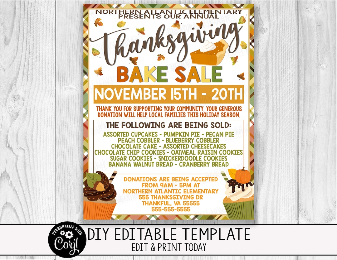 EDITABLE Fall Thanksgiving Bake Sale Flyer Invitation Fundraiser, Bake ...