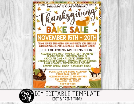 EDITABLE Fall Thanksgiving Bake Sale Flyer Invitation Fundraiser, Bake ...