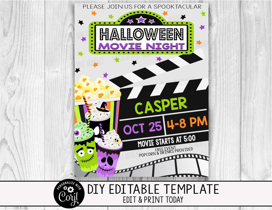 EDITABLE Halloween Movie Night Flyer Invitation, Kids Halloween Event ...