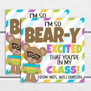 Back to School Bear Gift Tags, I'm Bear-y Excited You're in My Class ...