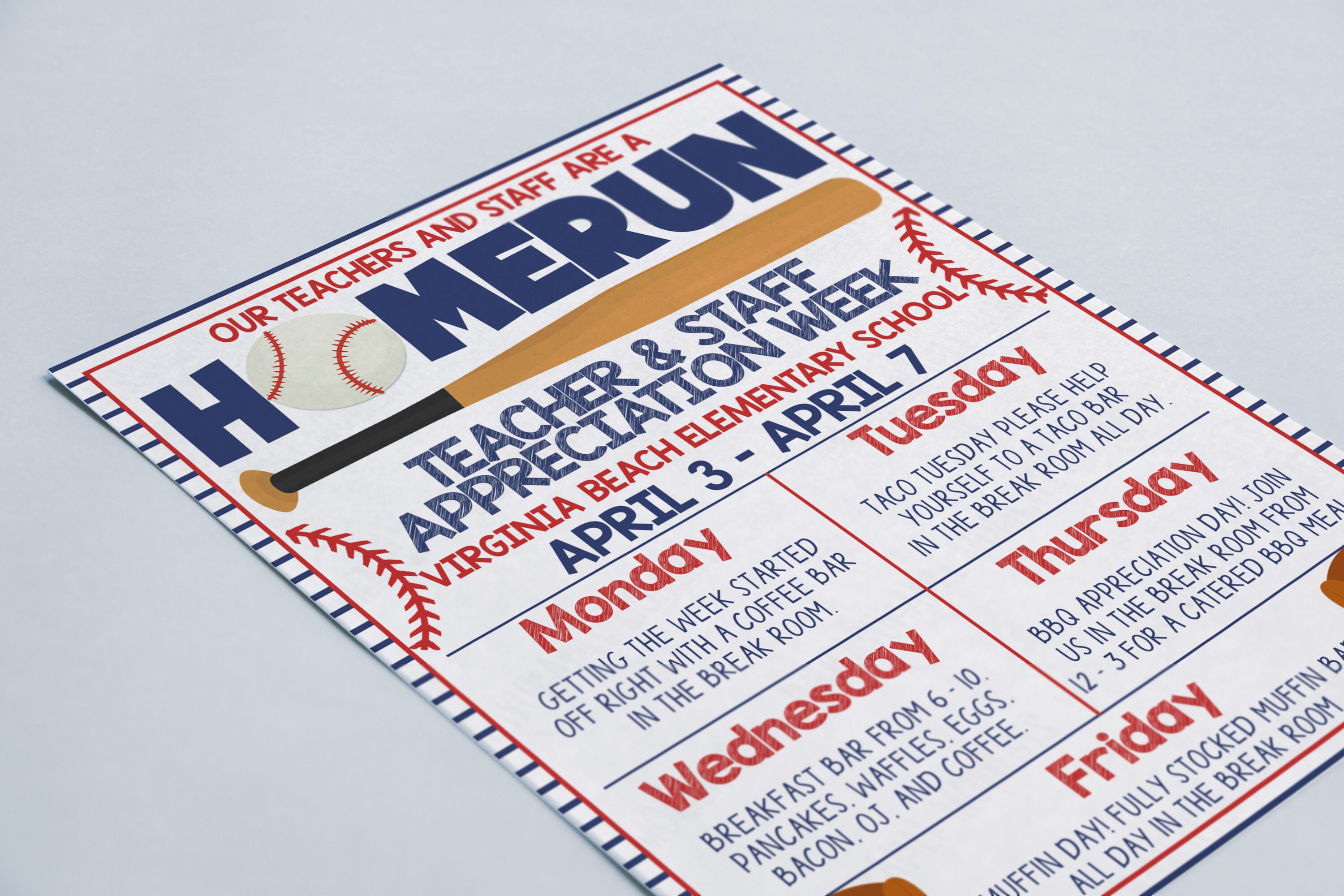Baseball Teacher Staff Appreciation Week Itinerary Flyer, You're a Home ...