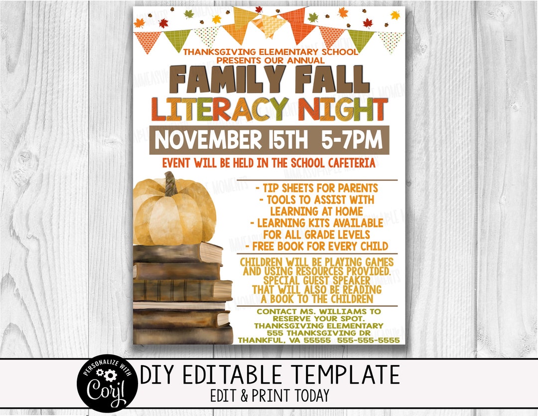 EDITABLE Family Fall Literacy Flyer Invitation, Kids Fall Event, School ...
