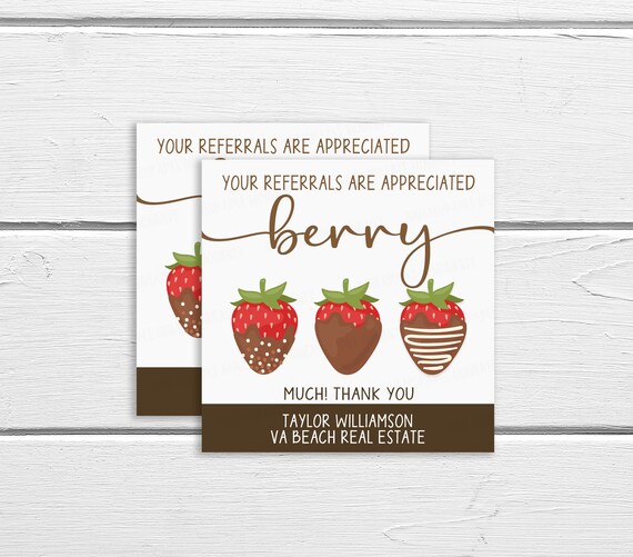 Strawberry Referral Gift Tags, Editable Appreciation Chocolate Covered ...