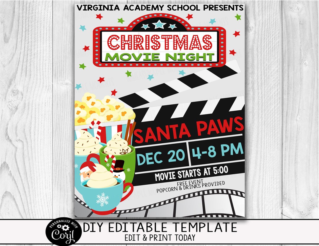 EDITABLE Christmas Movie Night Flyer Invitation, Kid School Family ...