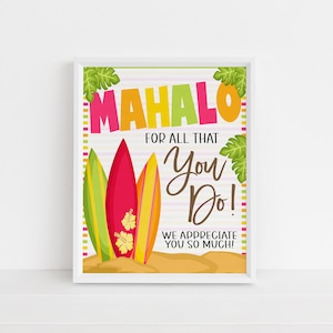 Mahalo Thank You Sign, Printable Hawaiian Tropical Beach Theme, Teacher ...