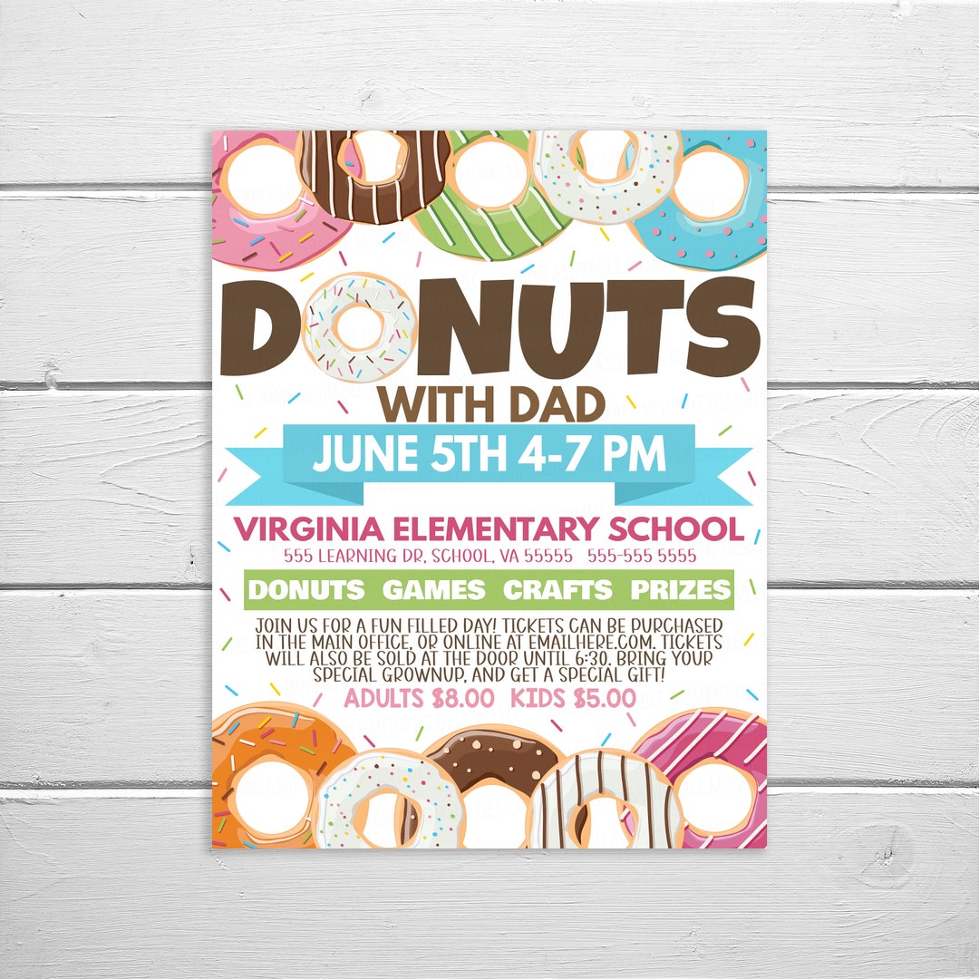 Donuts With Dad Flyer, School PTO PTA, Father Parent Grandparent Adult ...