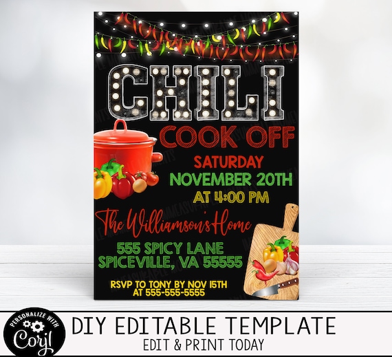 EDITABLE Chili Cookoff Invitation Card, Cook-off Party Event Flyer ...