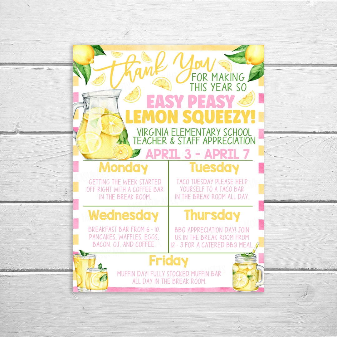 Teacher Appreciation Week Schedule Itinerary, Easy Peasy Lemon Squeeze ...