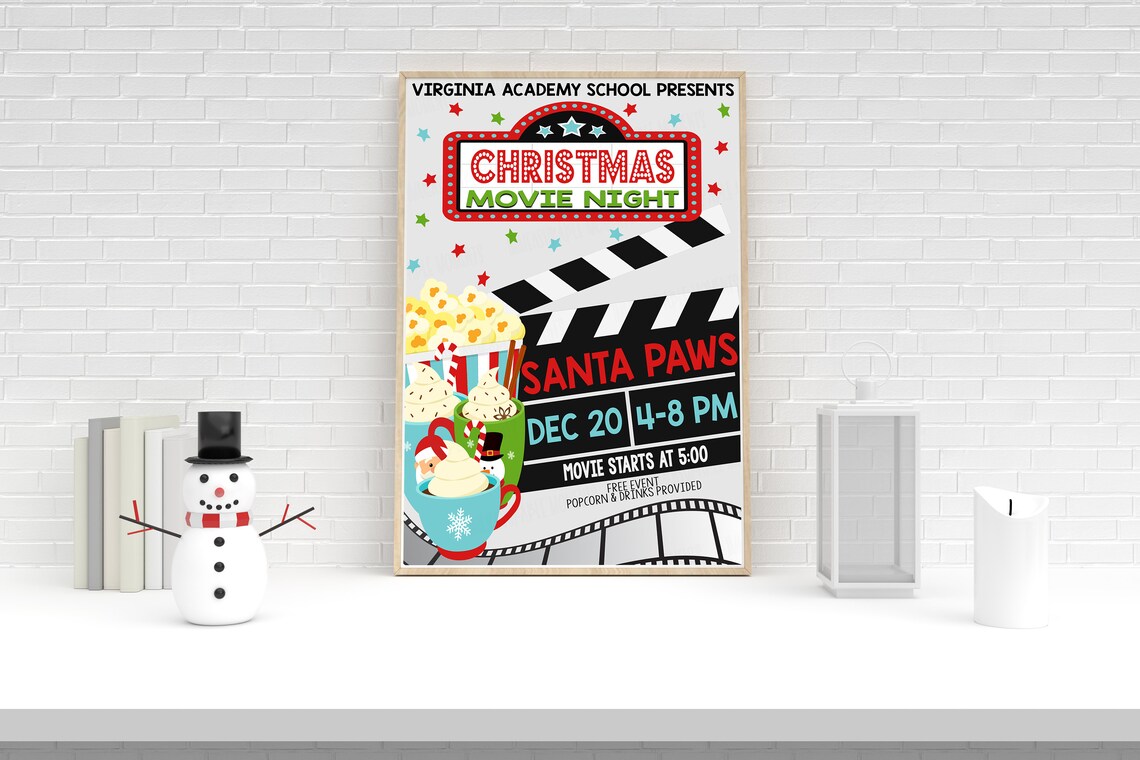 EDITABLE Christmas Movie Night Flyer Invitation Kid School | Etsy
