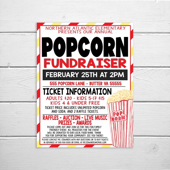 Popcorn Fundraiser Flyer, Editable Church School Business Fundraiser ...