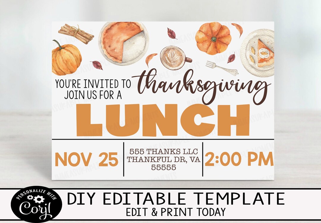 EDITABLE Thanksgiving Lunch Invitation, Employee Business Work Fall ...