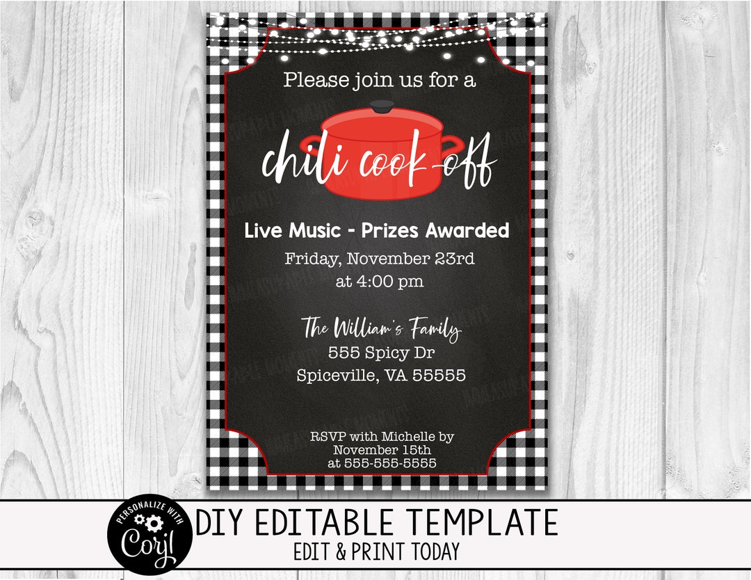 EDITABLE Chili Cookoff Invitation Card, Cook-off Party Event Flyer ...
