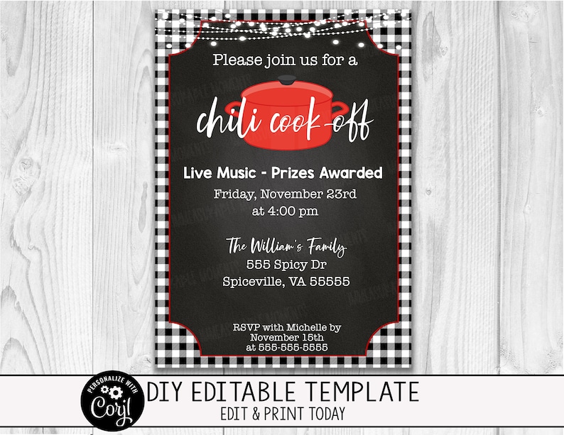 EDITABLE Chili Cookoff Invitation Card Cook-off Party Event - Etsy