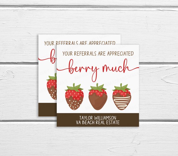 Strawberry Referral Gift Tags, Editable Appreciation Chocolate Covered ...