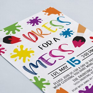 Dress for A Mess Invitation, Paint Party Art Birthday Party Invitation ...