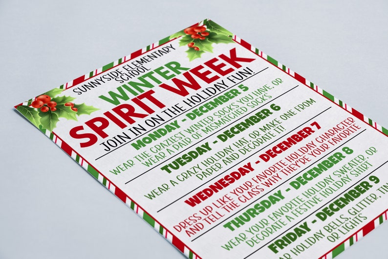 December School Spirit Week Itinerary Schedule, Christmas Winter School ...
