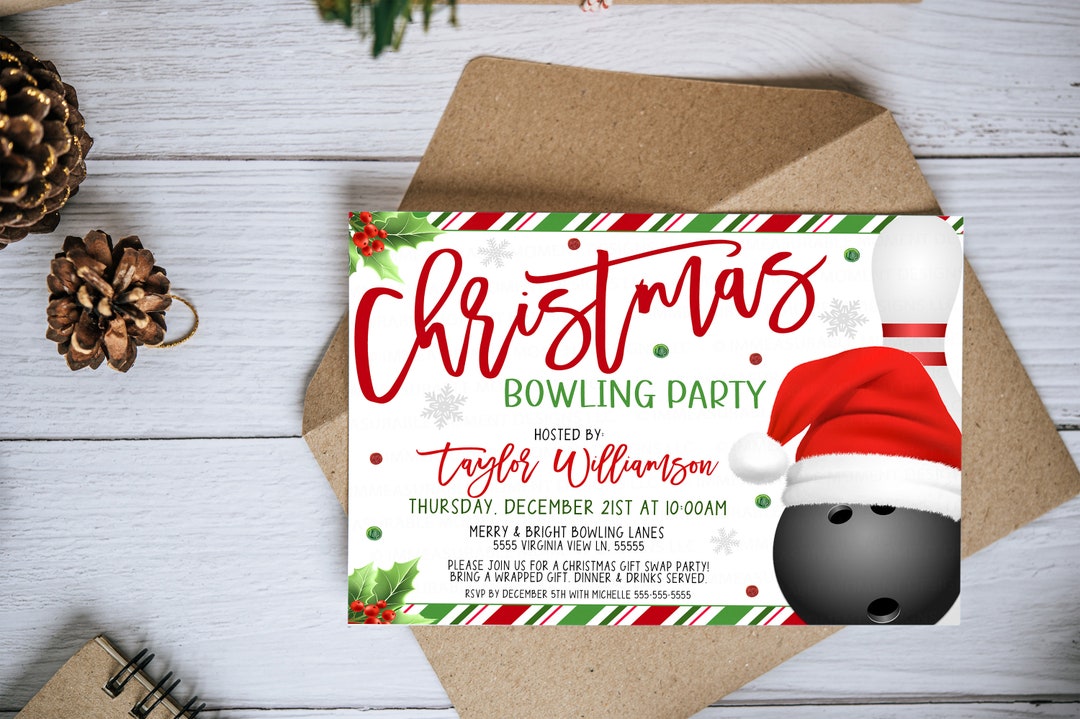 Editable Christmas Bowling Party Invitation, Birthday Bowling Party ...