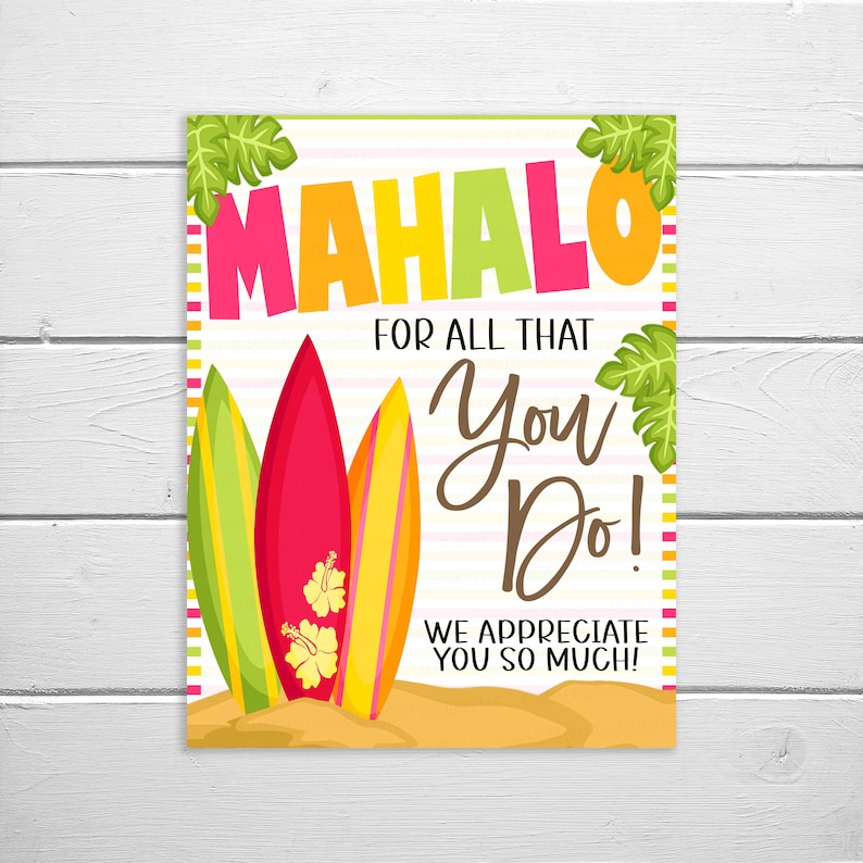 Mahalo Thank You Sign, Printable Hawaiian Tropical Beach Theme, Teacher ...