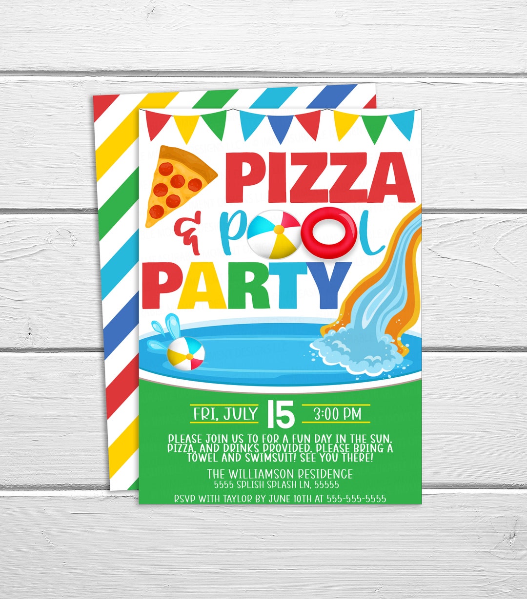 Pizza Pool Party Invitation, Birthday Summer Invite, End of School Last ...