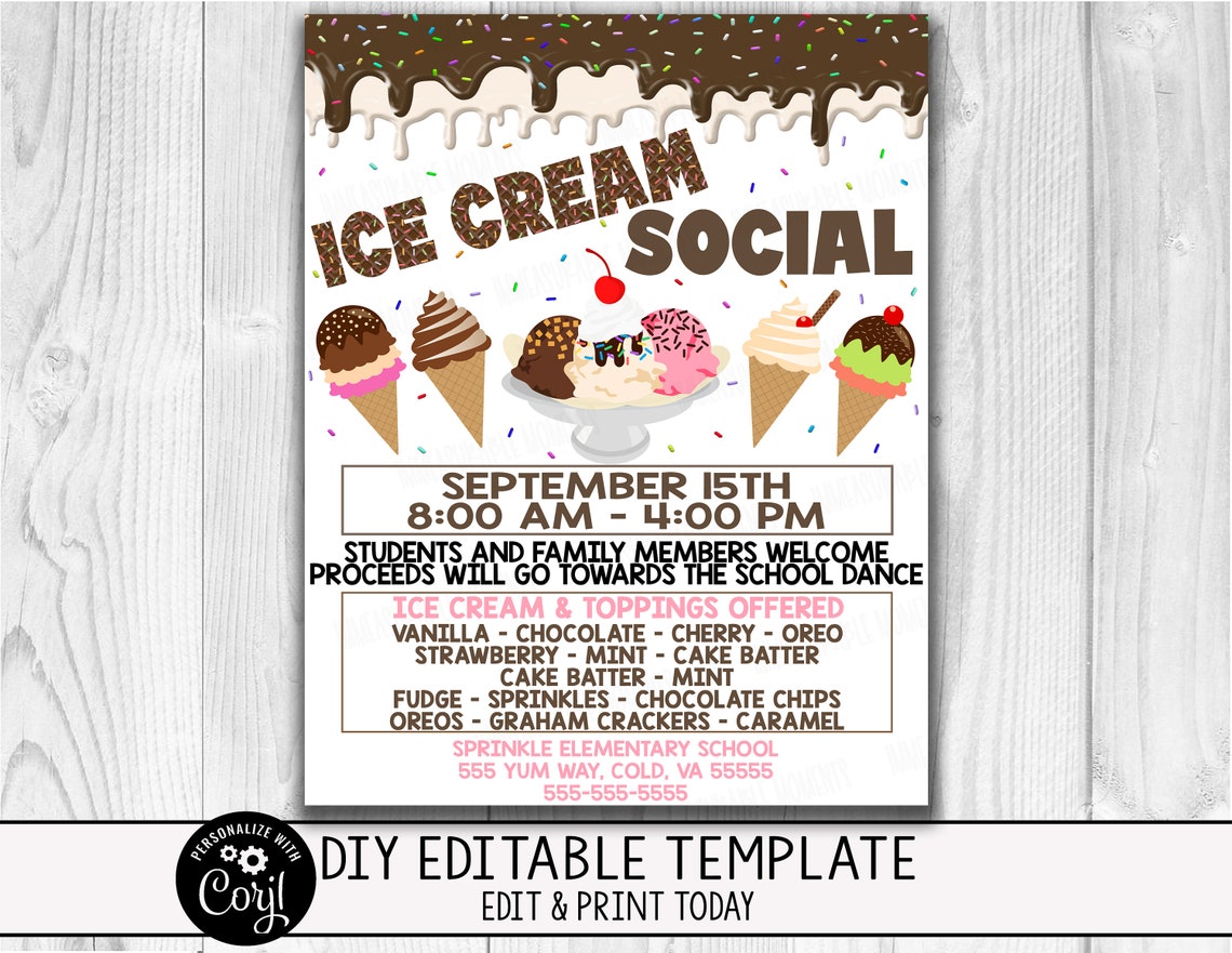EDITABLE Ice Cream Social Fundraiser Flyer Church School PTA - Etsy