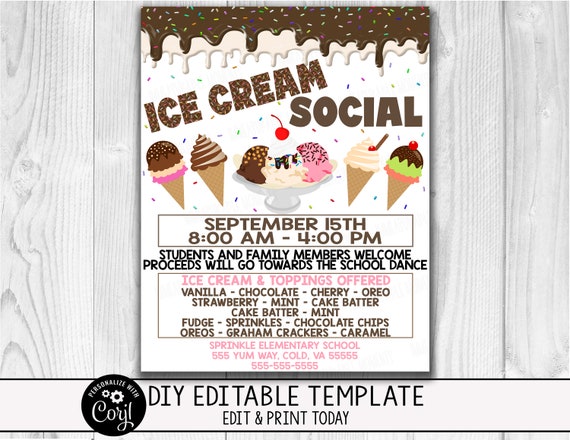 EDITABLE Ice Cream Social Fundraiser Flyer, Church School PTA PTO ...