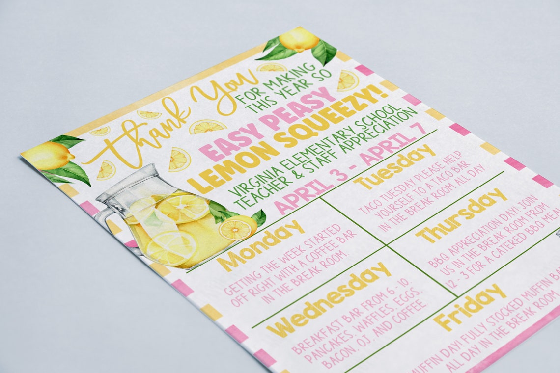 Teacher Appreciation Week Schedule Itinerary Easy Peasy Lemon - Etsy