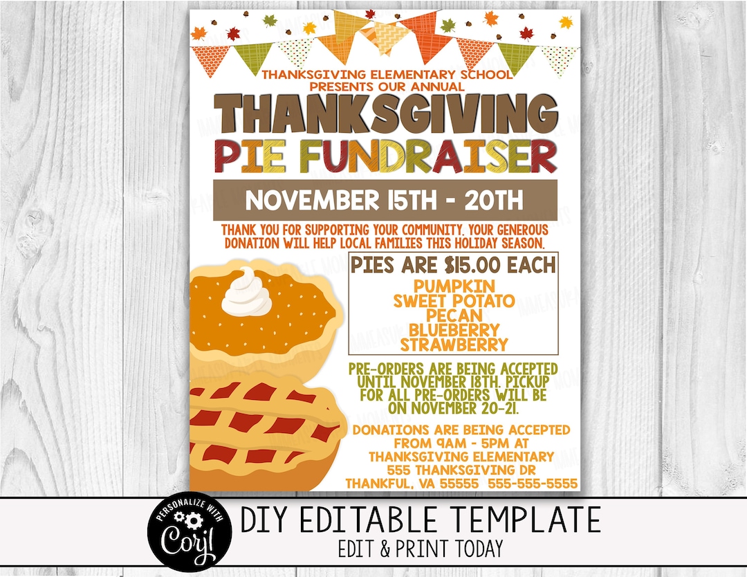 EDITABLE Thanksgiving Pie Fundraiser Flyer, Fall Church School ...