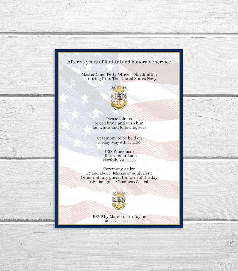 Editable E9 Master Chief Retirement Invitation, DIY US Navy Retirement ...