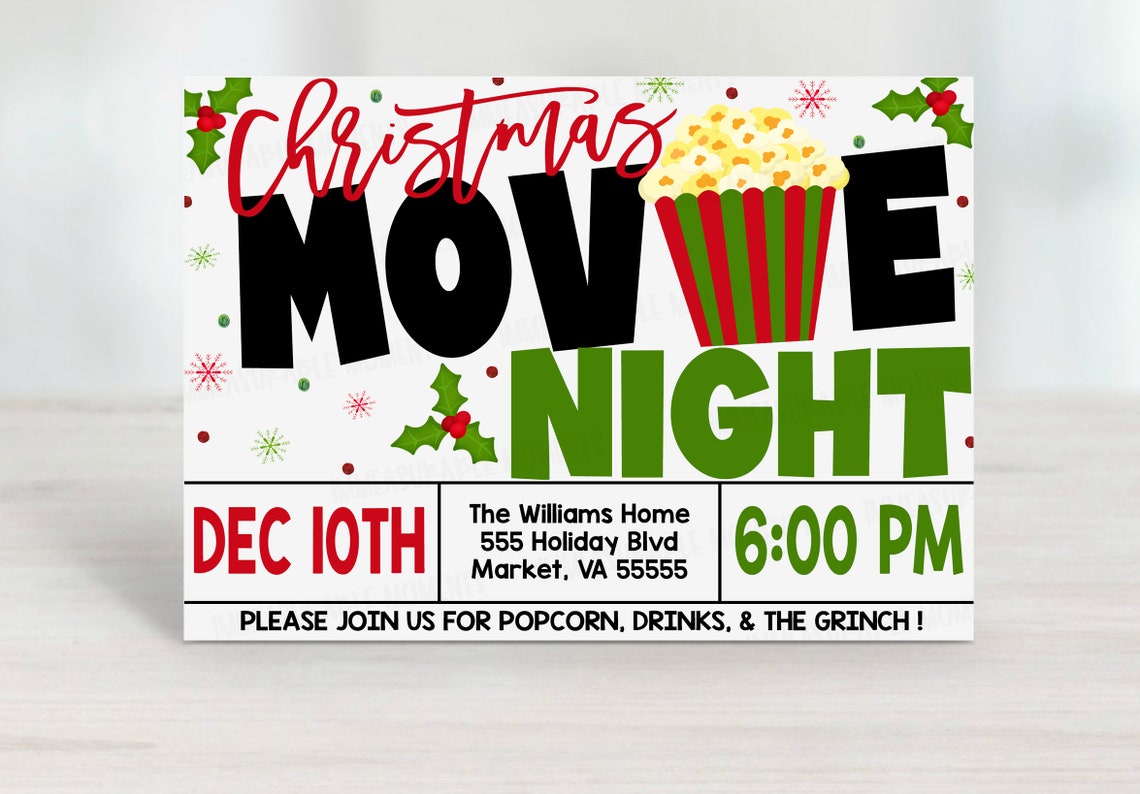 Christmas Movie Night Invitation Flyer, Movie Party Card, Movie ...