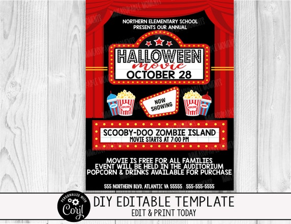 EDITABLE Halloween Movie Night Flyer Invitation, Kids Halloween Event ...