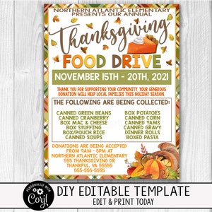 EDITABLE Thanksgiving Food Drive Fundraiser Flyer, Church School ...