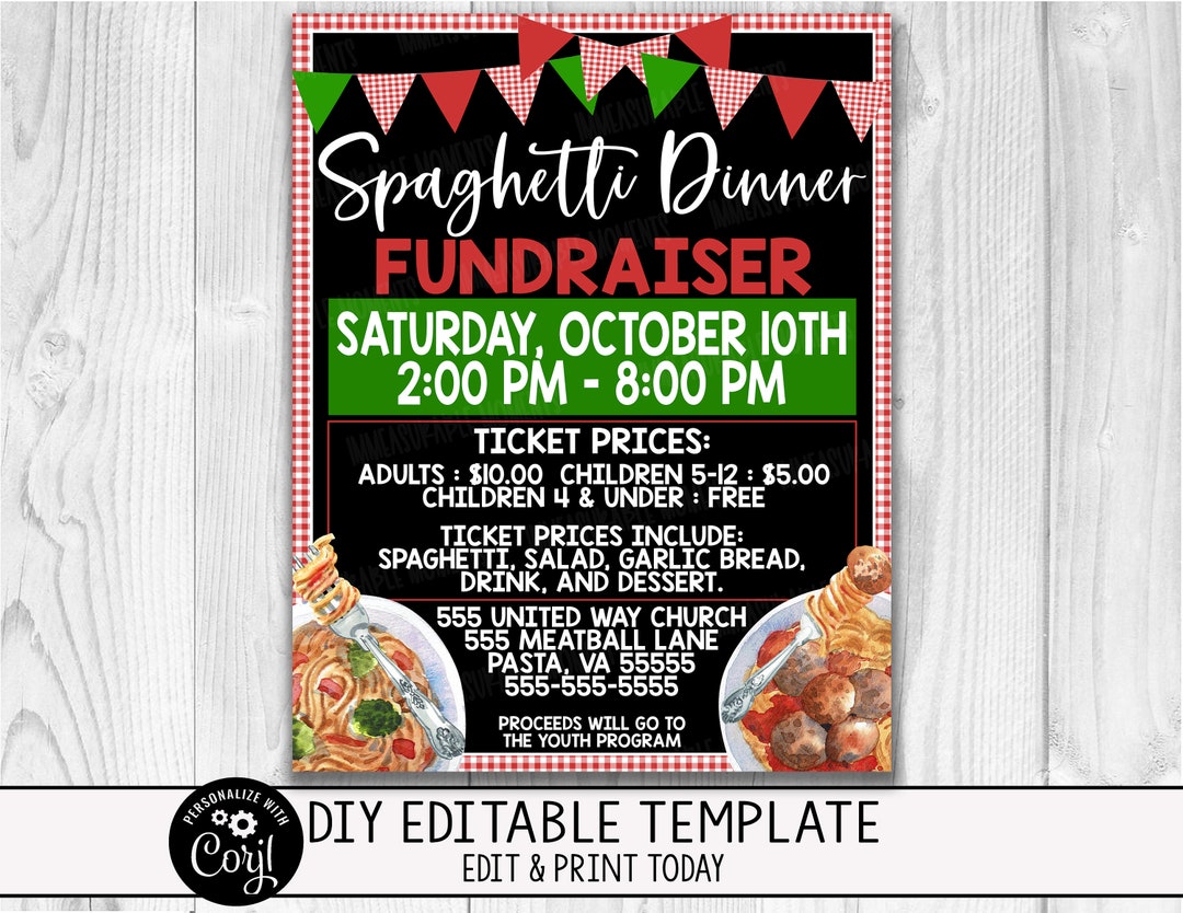 EDITABLE Spaghetti Fundraiser Flyer, Church School Business Fundraiser ...