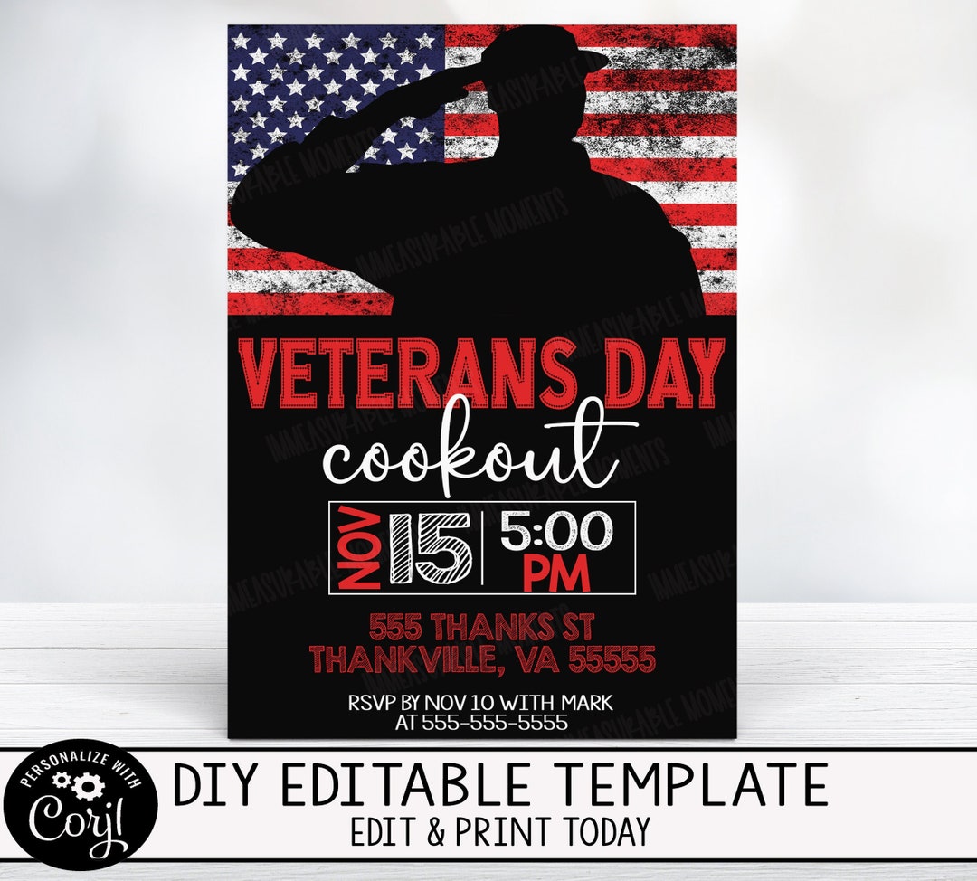 EDITABLE Veterans Day Invitation, Vet Cookout Celebration Dinner Party ...